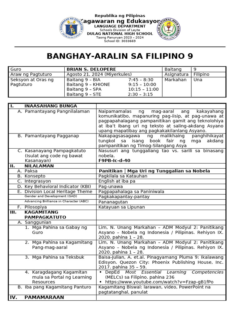 Banghay-Aralin Sa Filipino 9 (Unang Markahan) | PDF