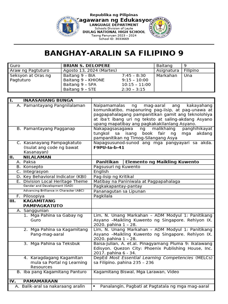 Banghay-Aralin Sa Filipino 9 (Unang Markahan) | PDF