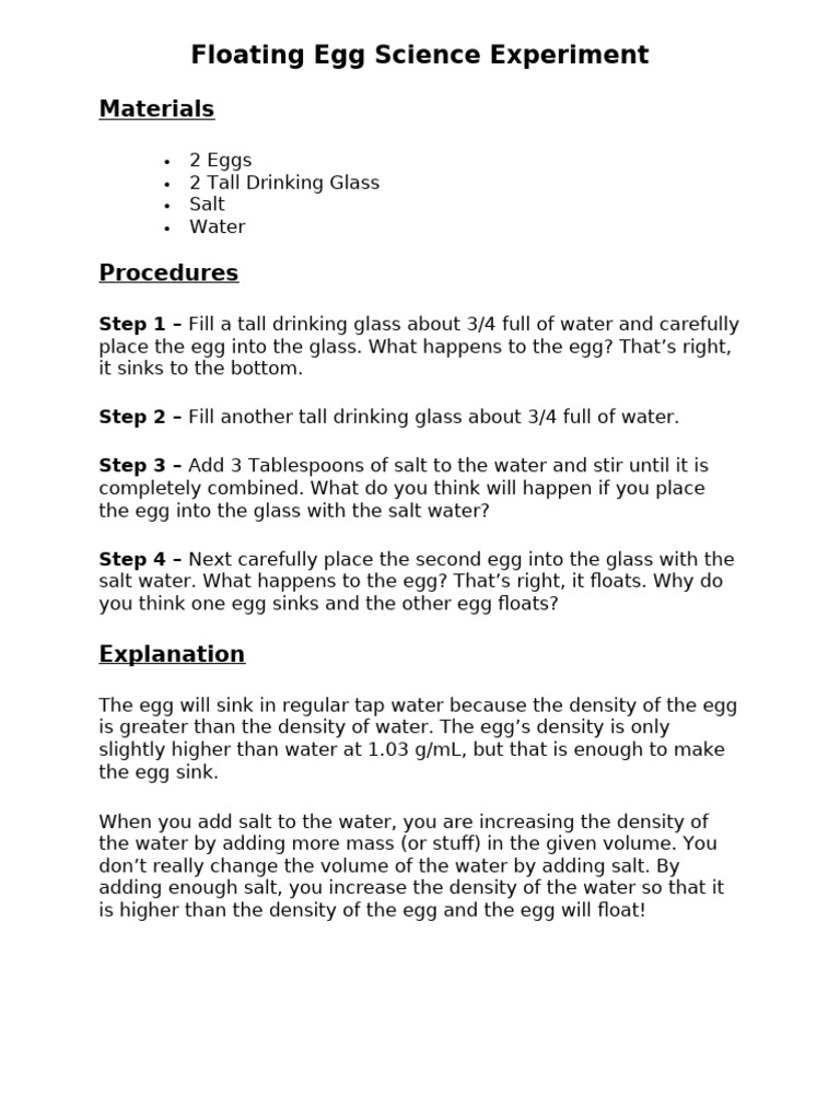 Floating Egg Science Experiment | PDF
