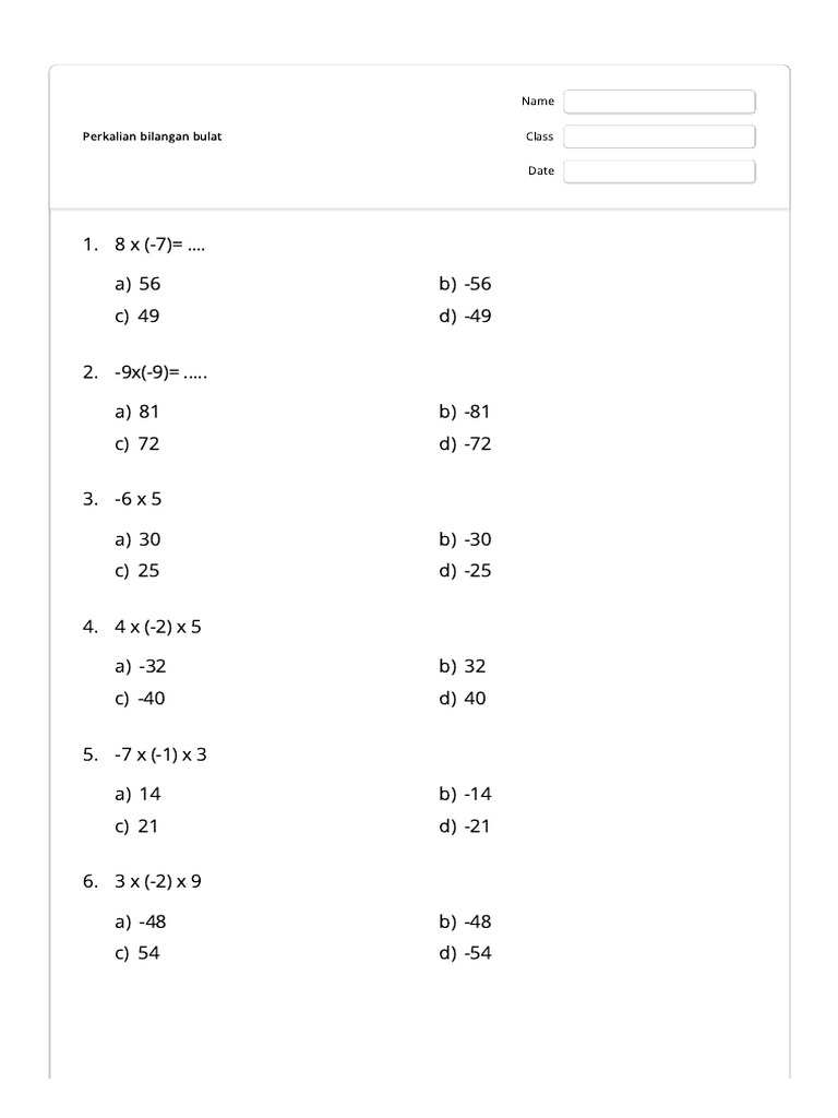 K7 - Perkalian Bilangan Bulat - Math Game | PDF