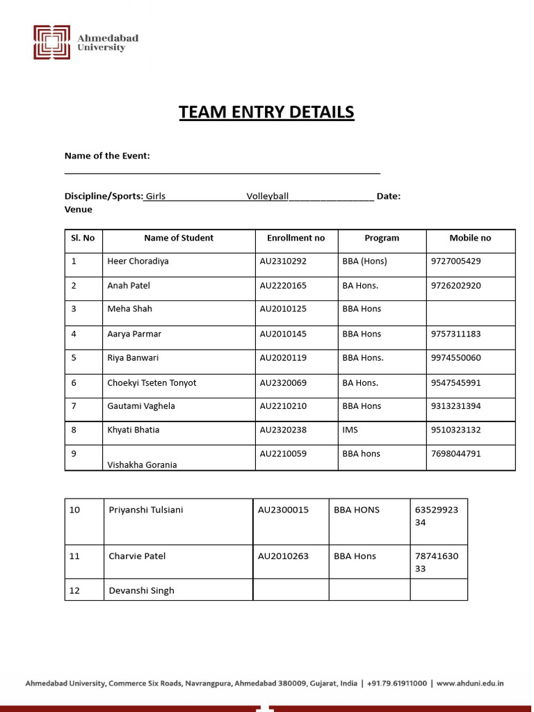 Team Entry Details For Au | PDF