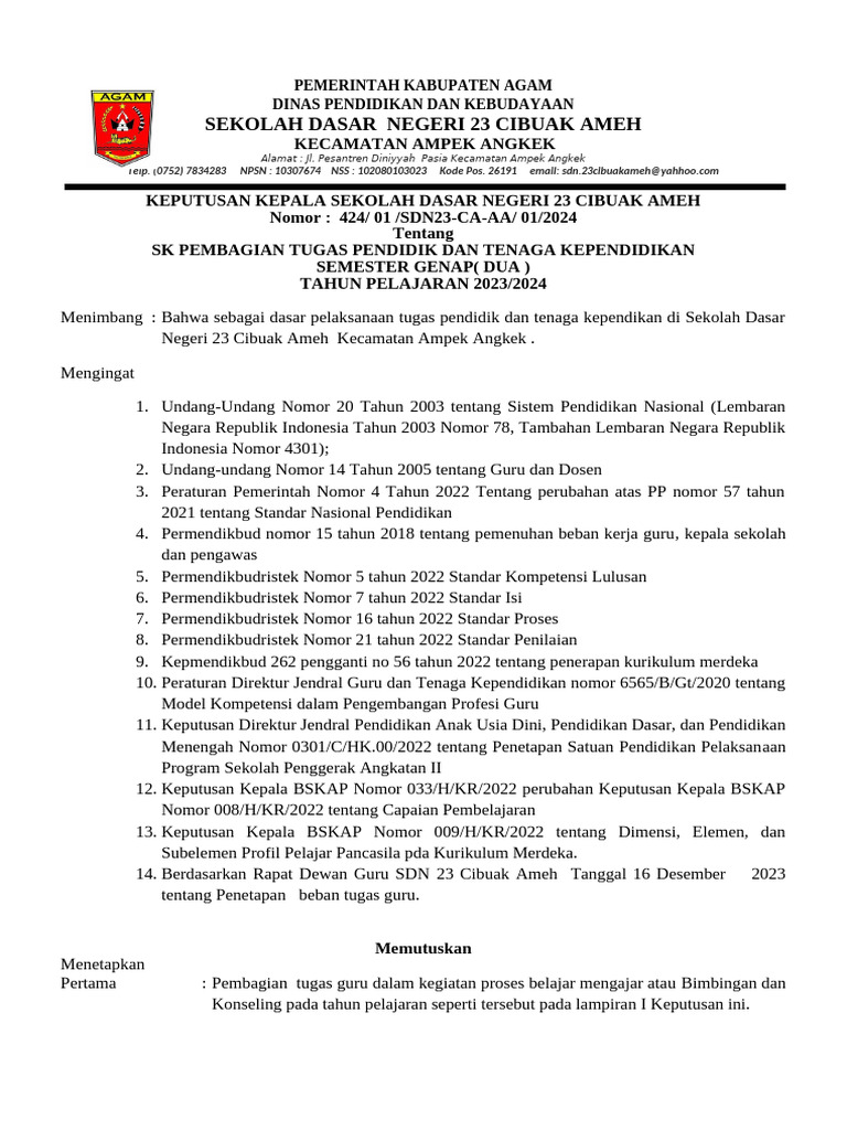 SK Pembagian Tugas T.P 2023 - 2024 SM Ganjil | PDF