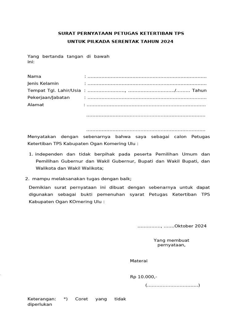 Surat Pernyataan Pam TPS | PDF