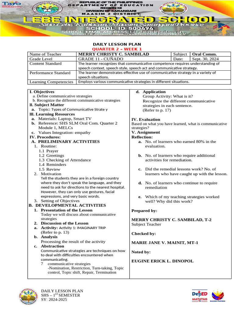 Quarter 2 - Week 1: Daily Lesson Plan | PDF