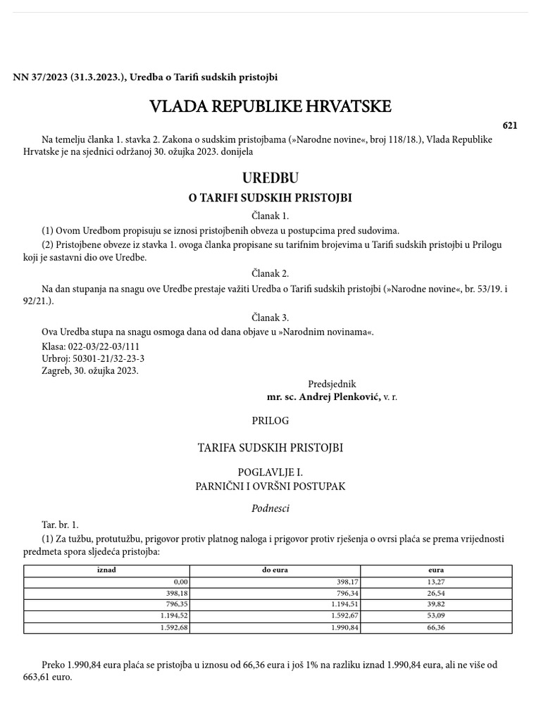 Uredba o Tarifi Sudskih Pristojbi | PDF