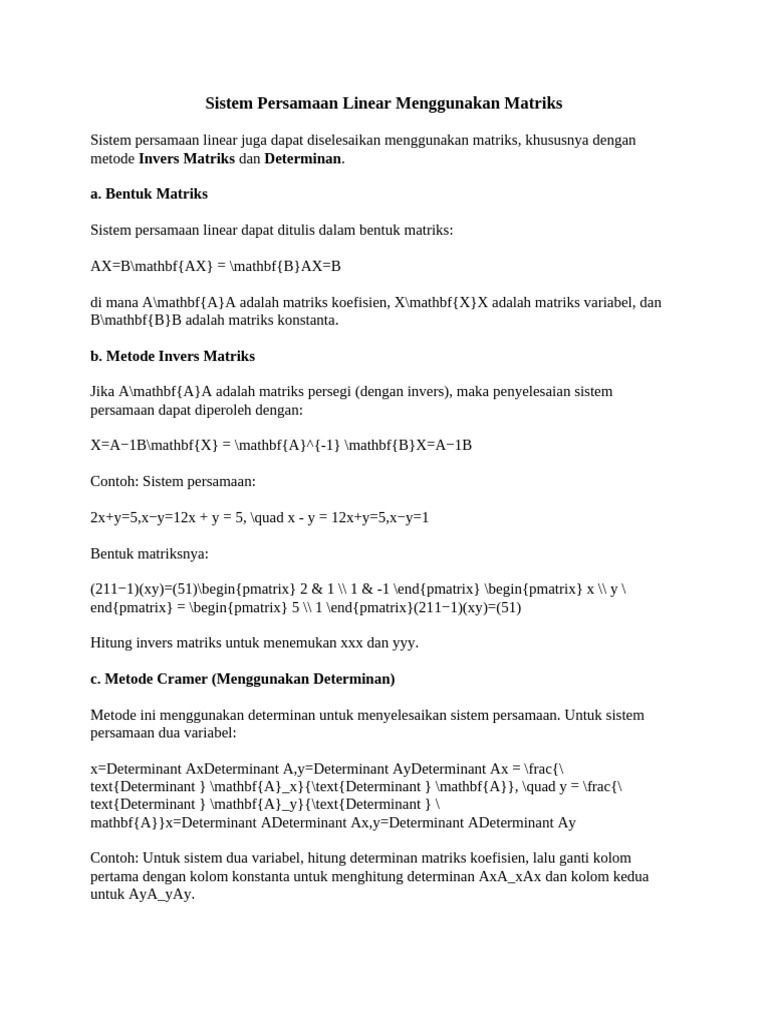 Sistem Persamaan Linear Menggunakan Matriks | PDF