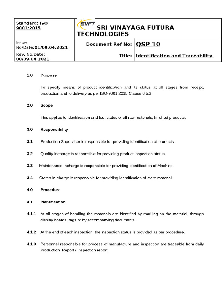 QSP-10 Identification & Tracabiliy | PDF | Iso 9000 | Technology & Engineering