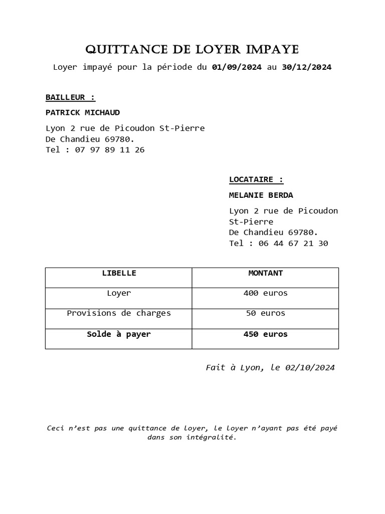 Quittance de Loyer Impaye | PDF