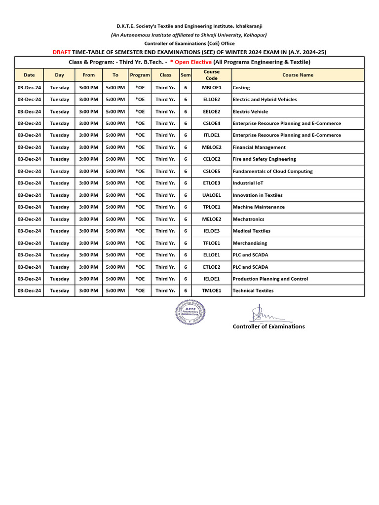 Draft Time Table of SY To FNY of SEE Winter-2024 Exam | PDF