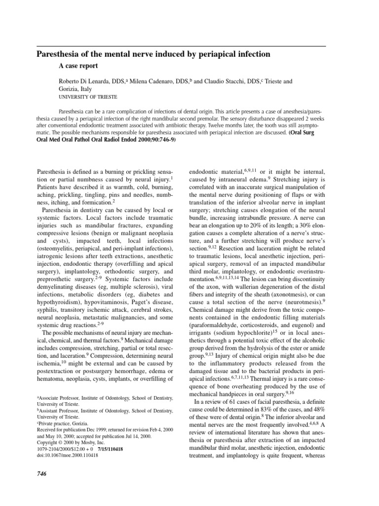 Paresthesia of the Mental Nerve Induced by Periapical Infection | PDF