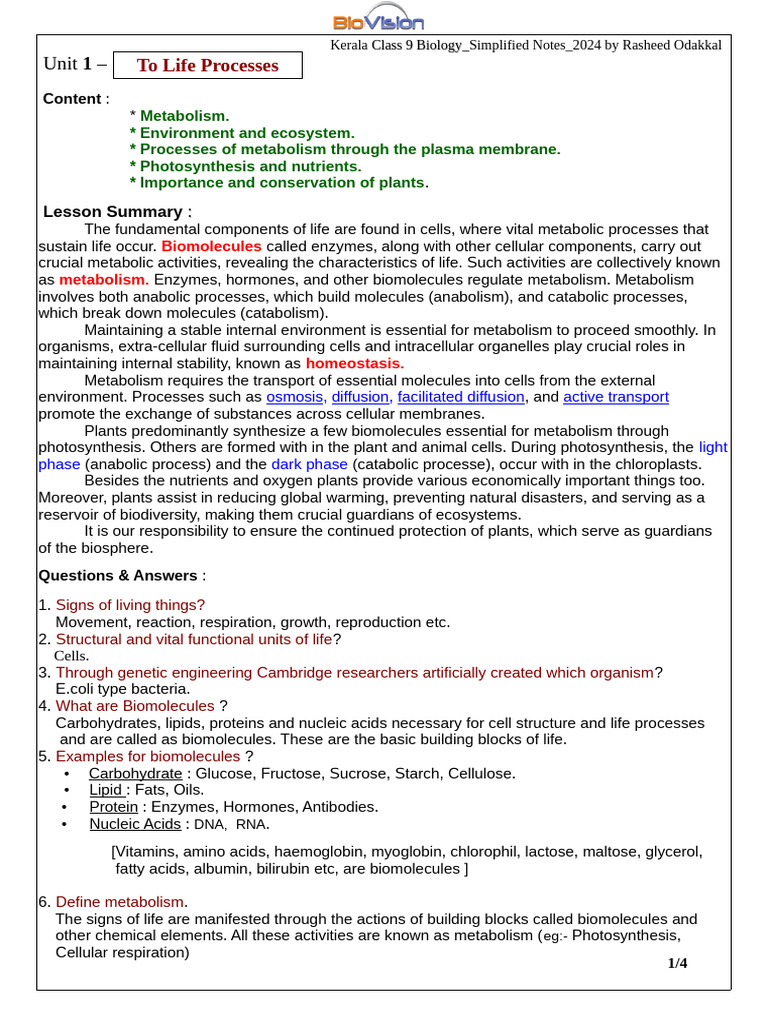BIO-VISION Class 9 Biology Eng Med Units For First Term Evaluation ...