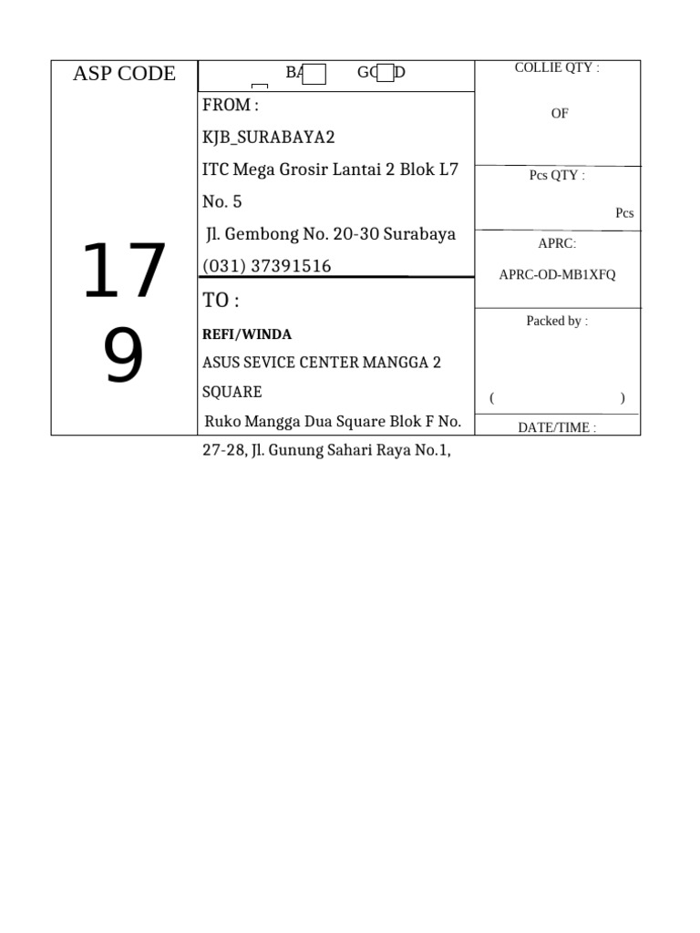 Alamat Kirim Part Ke TSD Jakarta | PDF