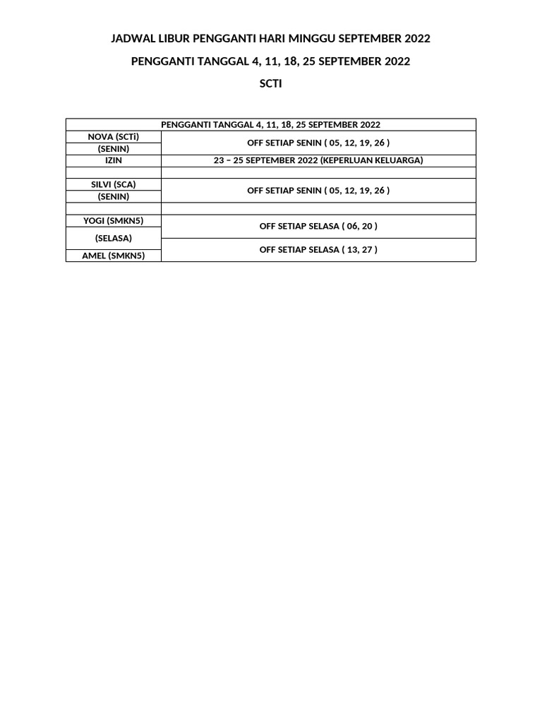 Format Jadwal Libur Pengganti Minggu | PDF