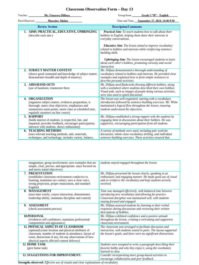 Classroom Observation Form - Day 13 | PDF