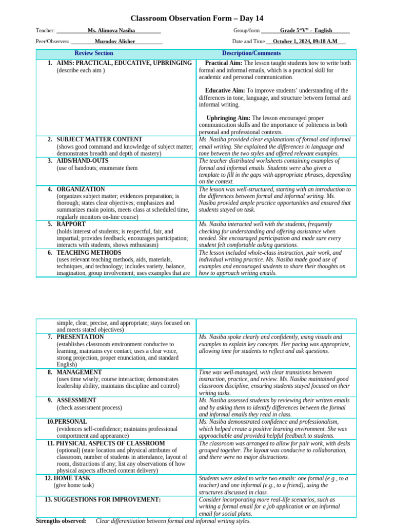 Classroom Observation Form - Day 14 | PDF