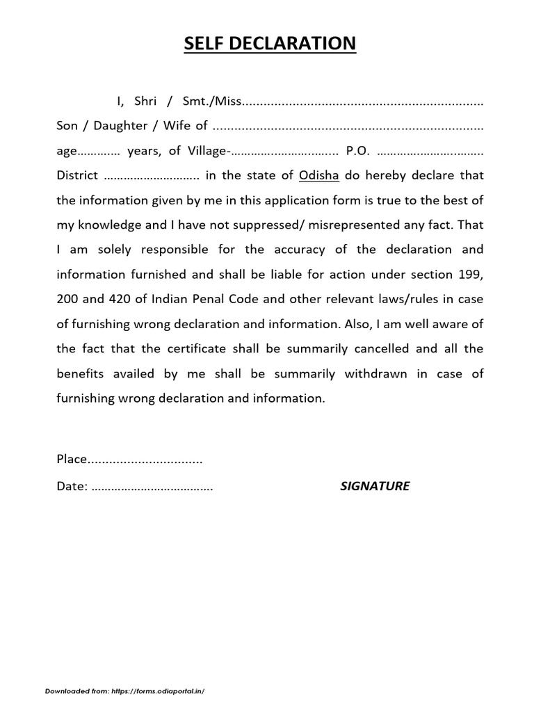 Odia Self Declaration Form Template | PDF