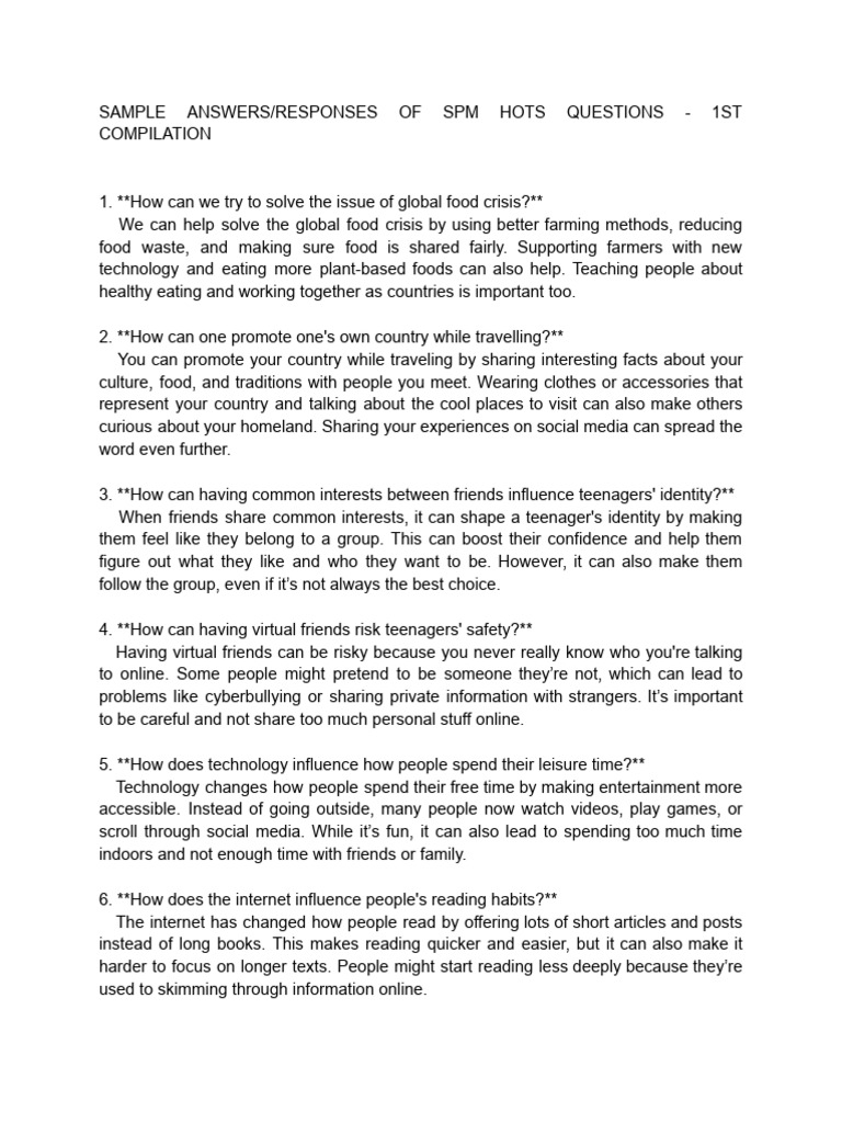 Speaking Compilation Sample Answers For SPM HOTS Questions | PDF