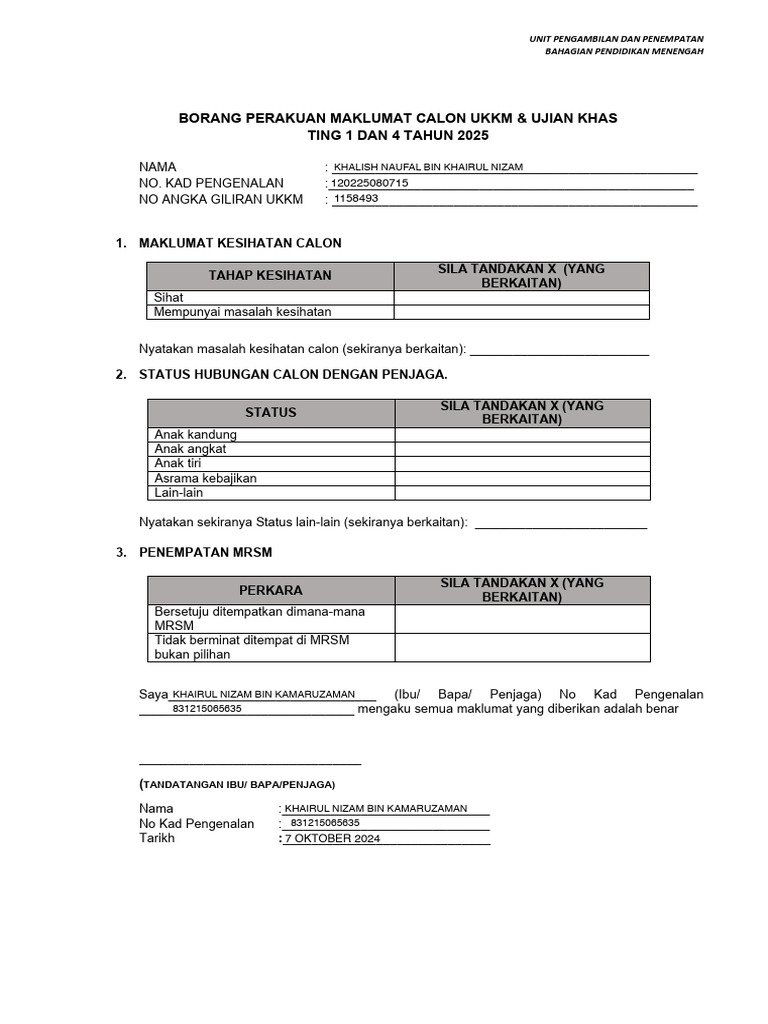 Borang Perakuan Maklumat Calon Ukkm | PDF