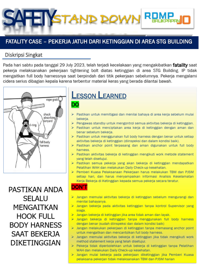 SAFETY STANDOWN - FATALITY CASE - WORKER FALL FROM HEIGHT AT STG ...