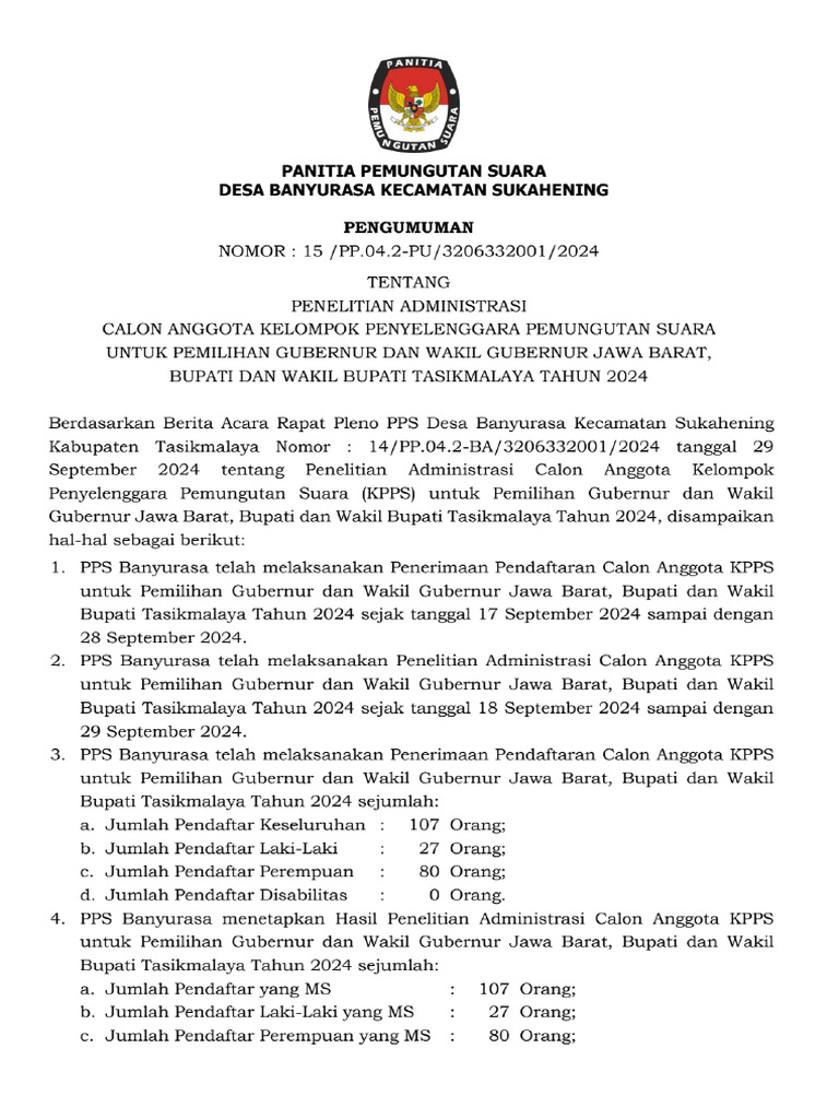 Pengumuman Hasil Penelitian Administrasi Calon KPPS Desa Banyurasa | PDF