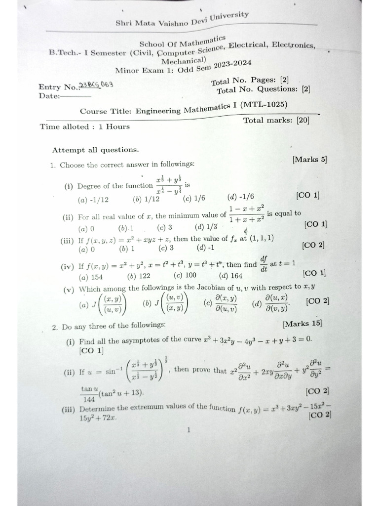 2023 Btech Cse Mathematics Question Paper-1 | PDF