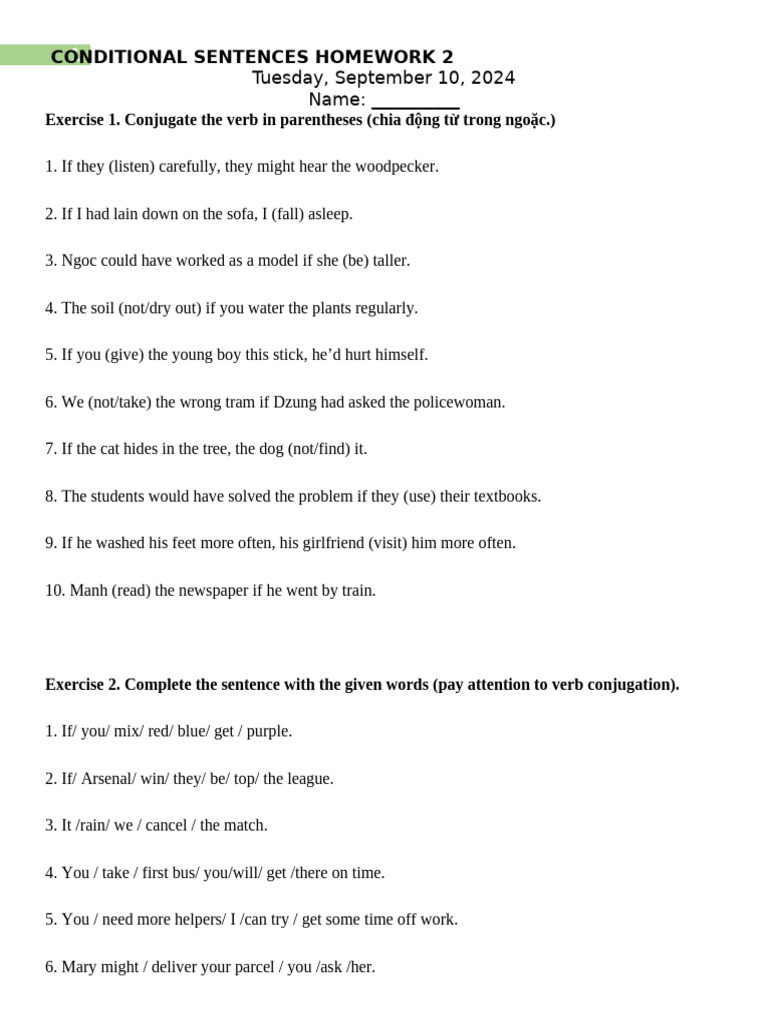 Conditional Sentences. 2 Homework | PDF