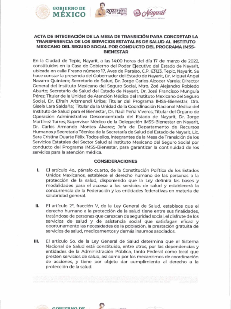 Acta de Integración de La Mesa de Transición para Concretar La Transferencia de Los Servicios ...