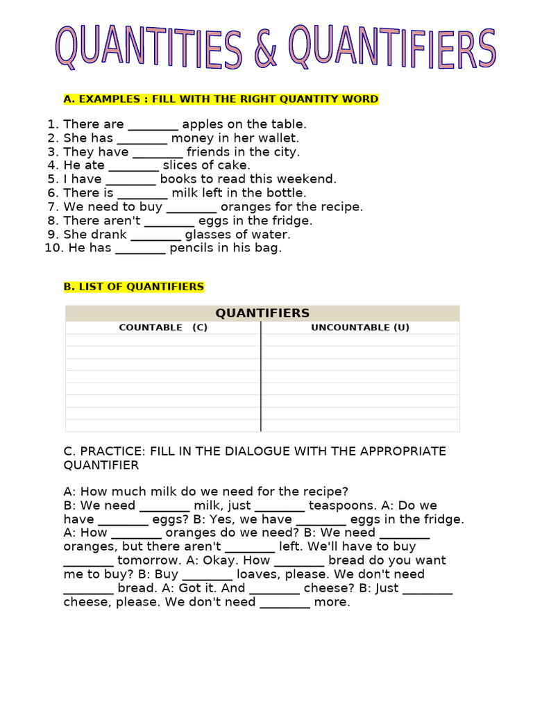 Quantity & Quantifiers Lesson 2023-24 | PDF
