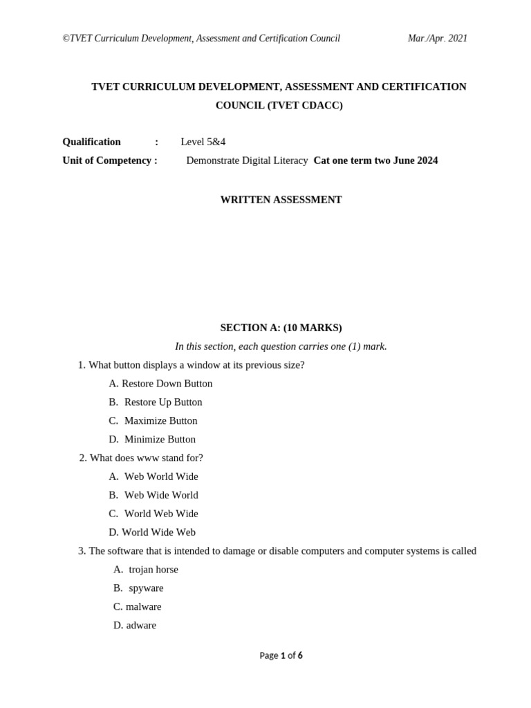 Digital Literacy Assessment Level 5 | PDF | Microsoft Word | Computers