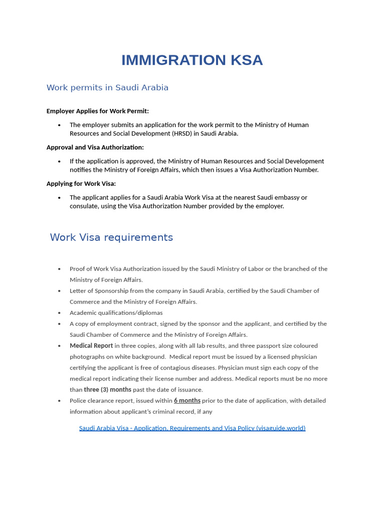 Immigration Ksa: Work Visa Requirements | PDF