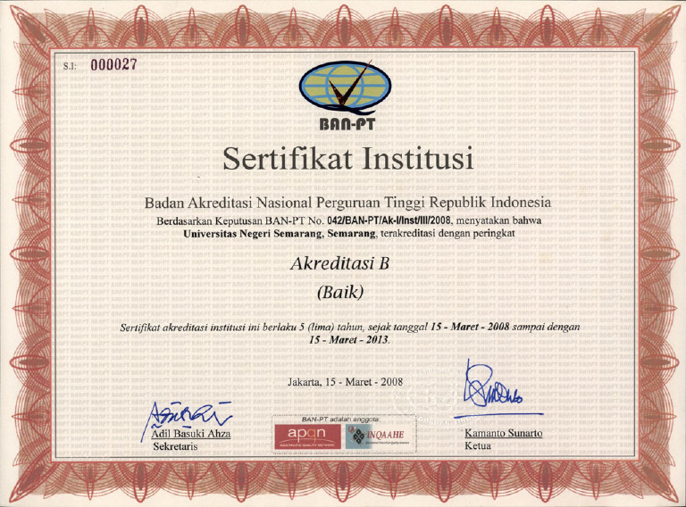 0 Sertifikat Akreditasi Unnes Institusi 2008_042 | PDF
