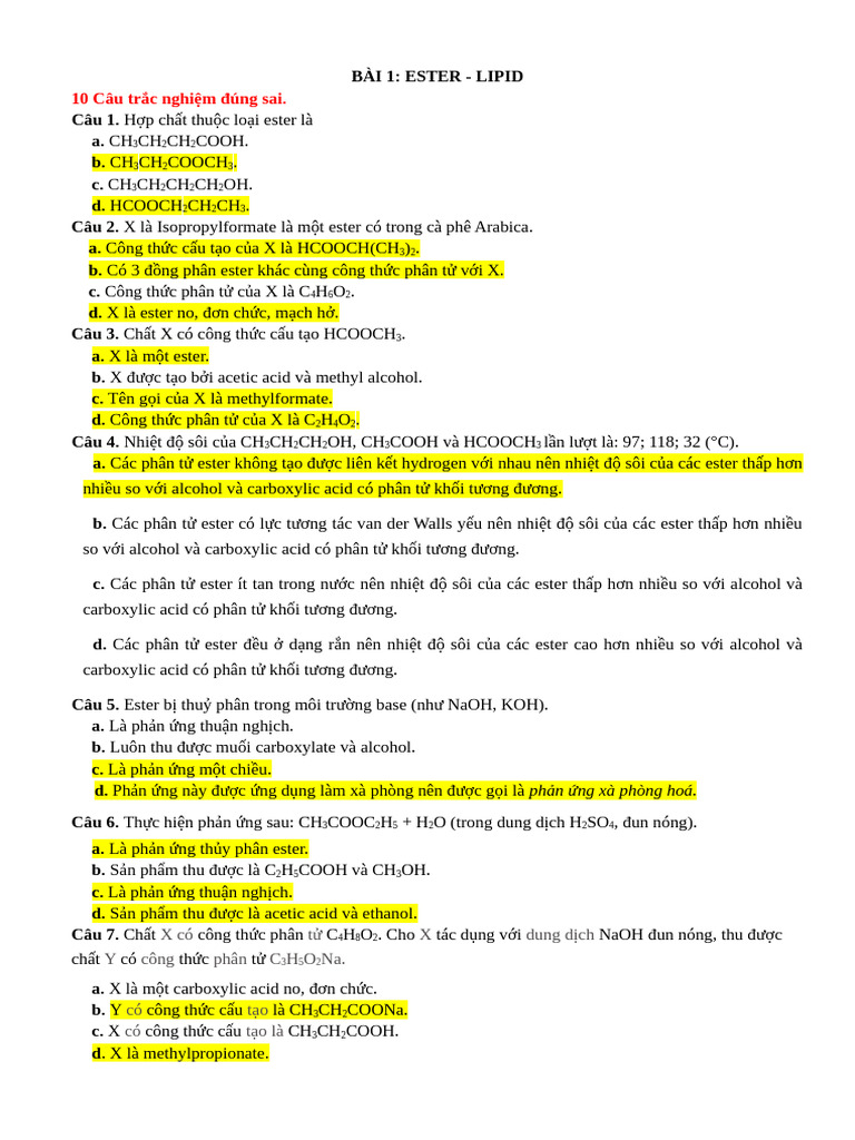 Bai 1. ESTER - LIPID - CTST - OK | PDF