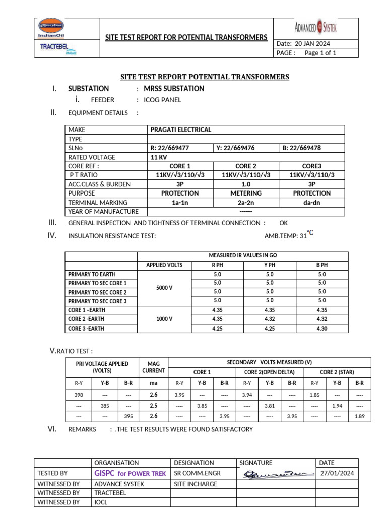 Site Test Report For Potentialtransformers | PDF