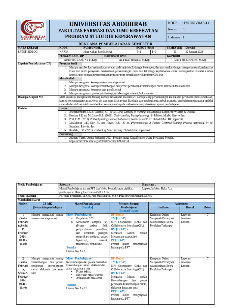 RPS PATOFISIOLOGI GENAP 20232024 | PDF