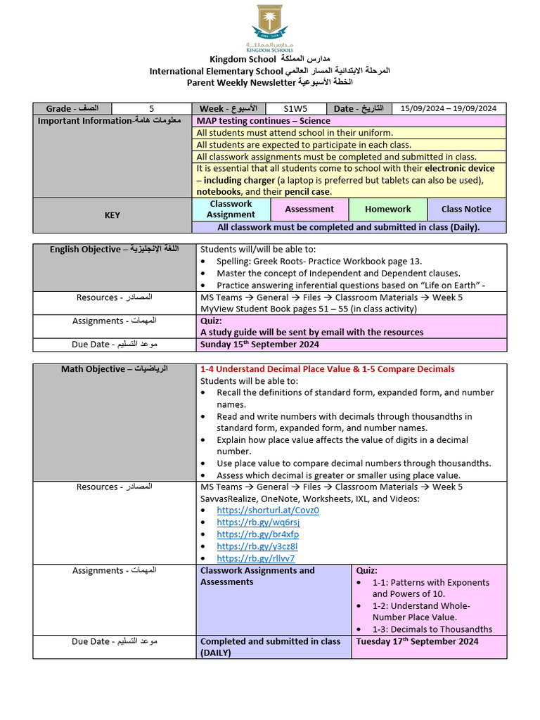 Grade 5 - S1W5 - BIE Weekly Parent Communication Newsletter | PDF