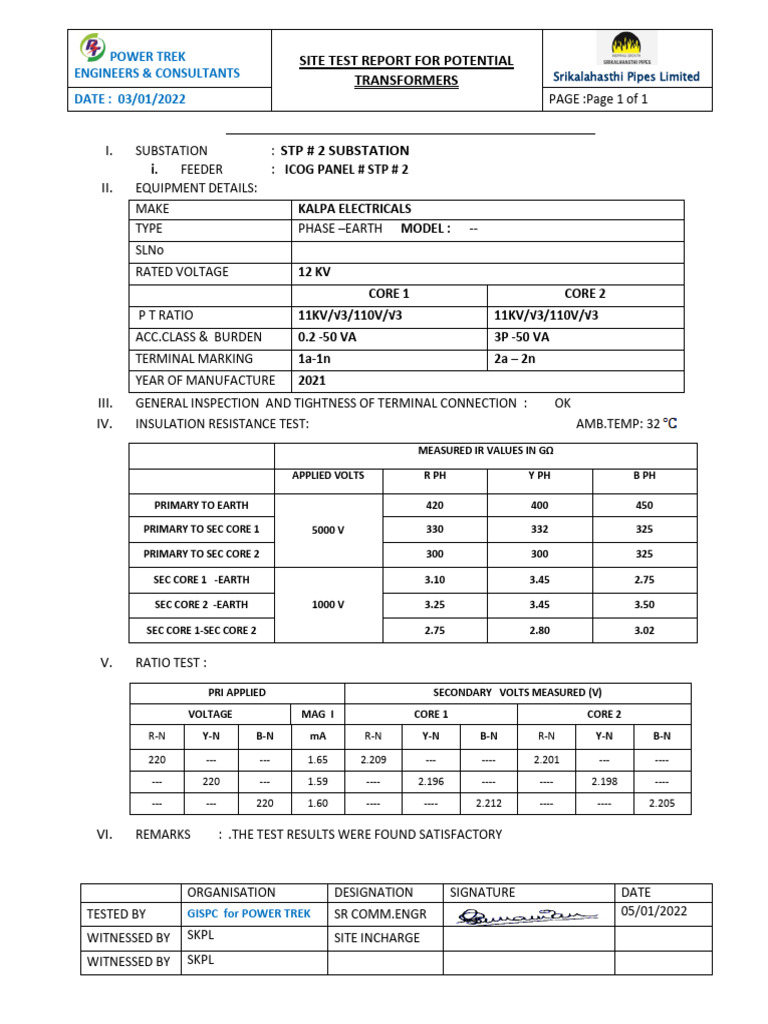 Site Test Report For Potential Trafo | PDF