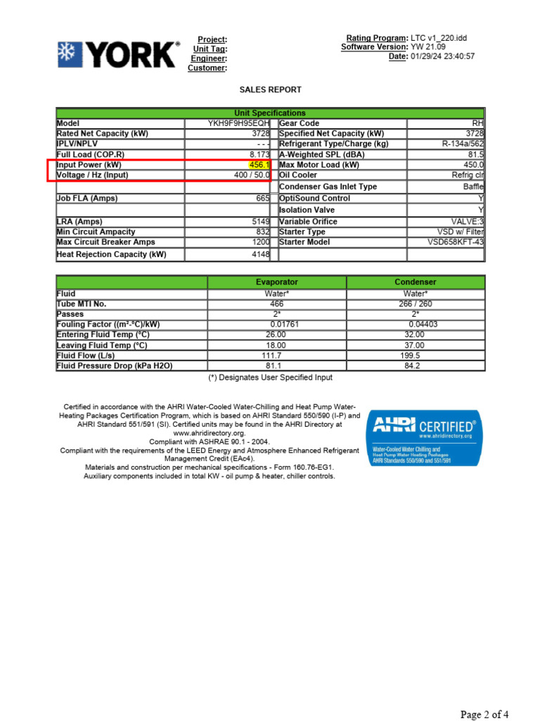 York Chiller - YKH9F9H95EQH - 1060TR - Datasheet 1 | PDF