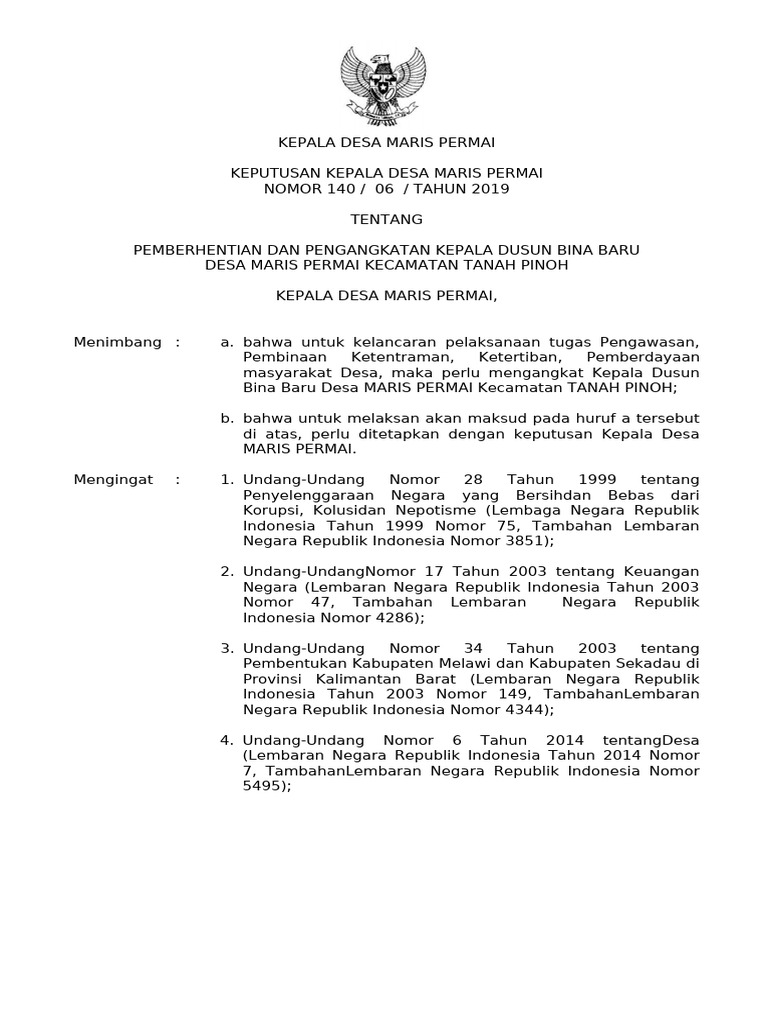 SK Kepala Dusun Bina Baru | PDF