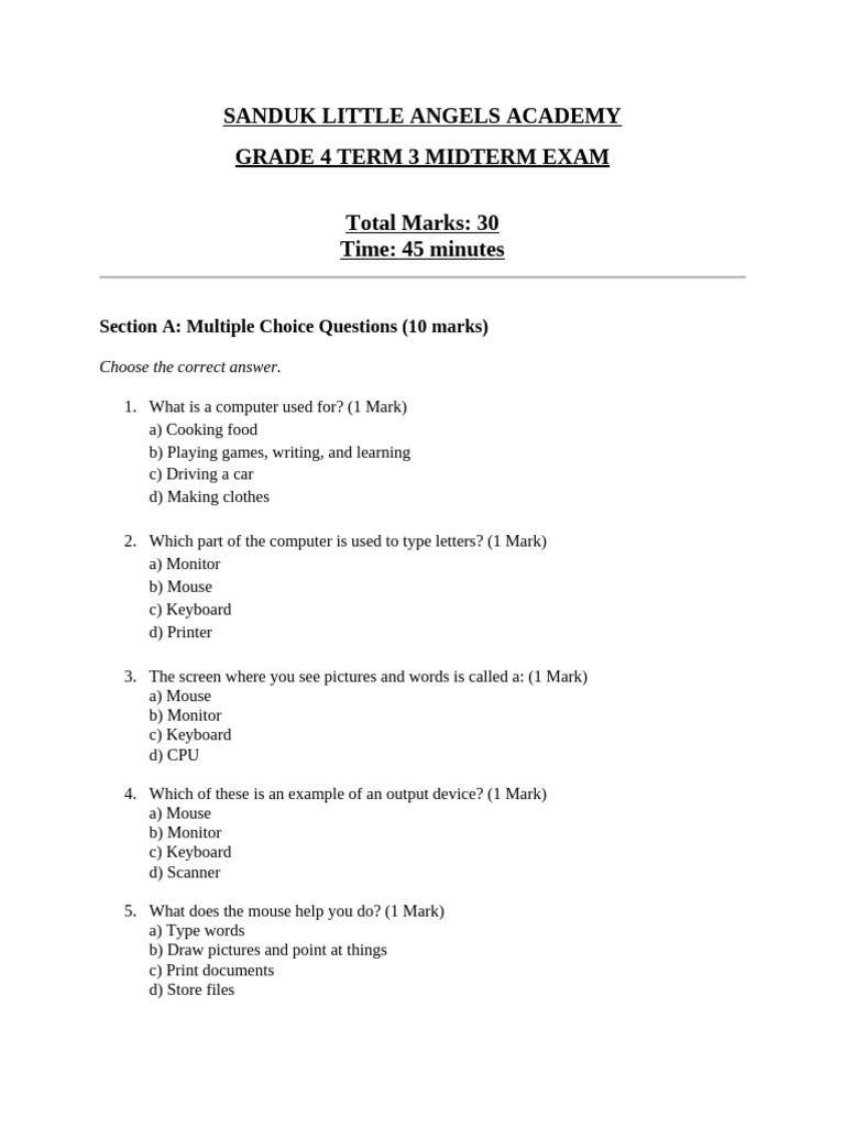 Grade 4 Mid Term 3 Exam | PDF | Computer Keyboard | Computers