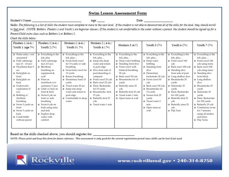 Swim Lesson Assessment Form - 201508161521304381 | PDF