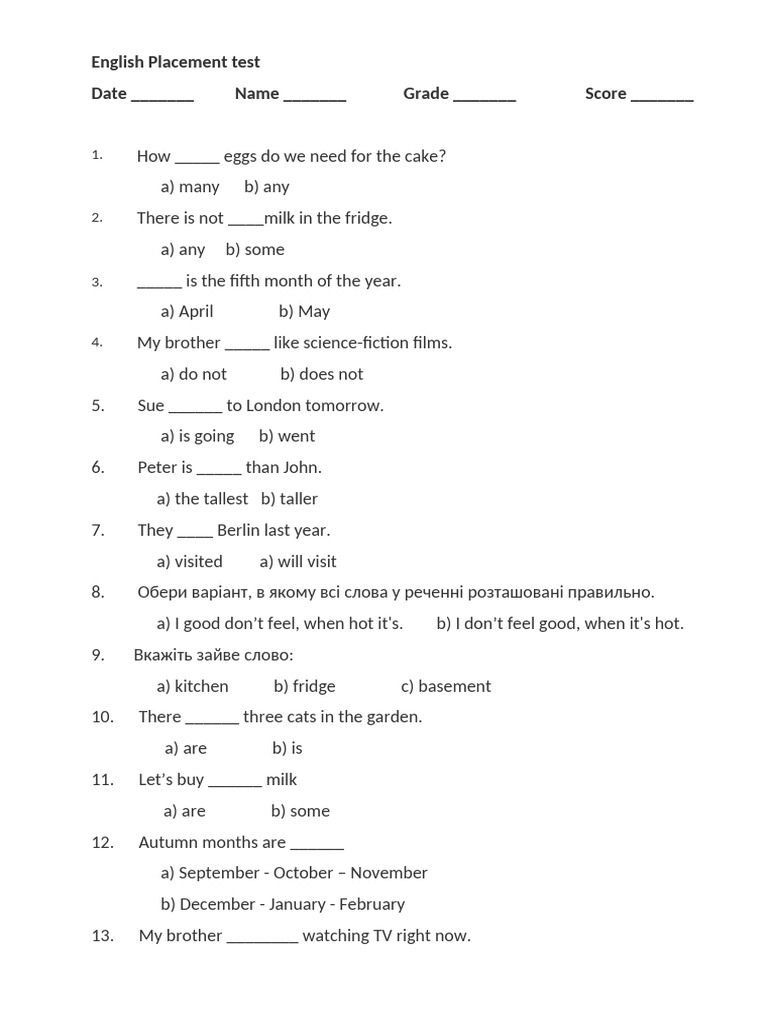 English Placement Test Grade 6 | PDF