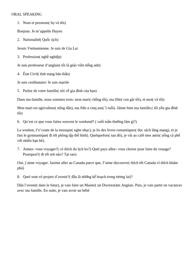 Oral Speaking - French | PDF