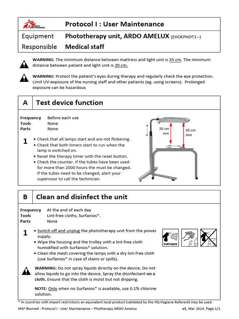 Protocol I User Maintenance - Phototherapy Lamp Ardo Amelux - OCP | PDF