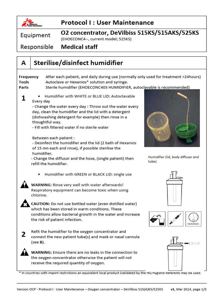 Protocol I User Maintenance - Oxygen Concentrator DeVilbiss - OCP | PDF