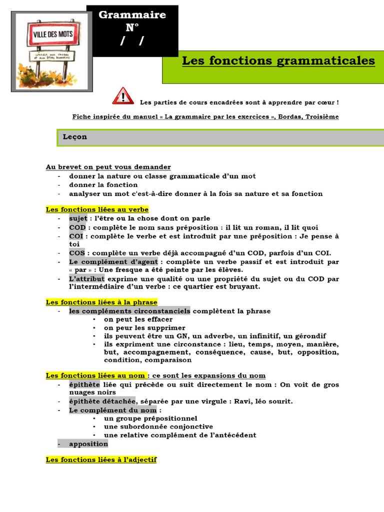 Les Fonctions Grammaticales | PDF