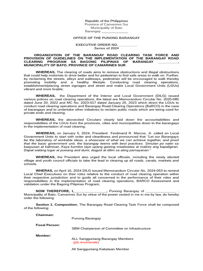 BARANGAY EXECUTIVE ORDER On The Organization of Baranagy Road Clearing ...