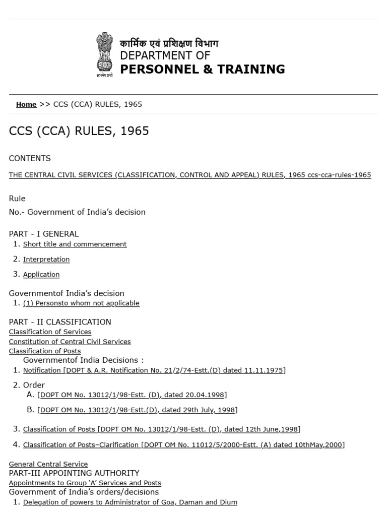 CCS (CCA) RULES, 1965 Department of Personnel & Training | PDF