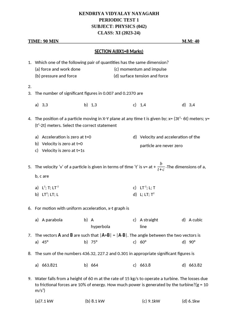 Class Xi-Physics - PT1-2023-24 | PDF
