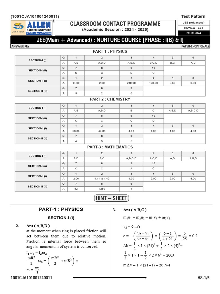 Classroom Contact Programme JEE (Main + Advanced) : NURTURE COURSE ...