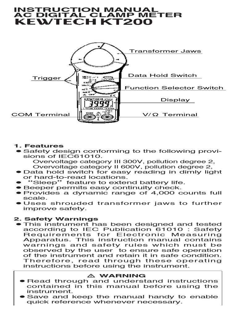 Kewtech kt200 Digital Ac Clamp Meter User Manual | PDF | Humidity ...